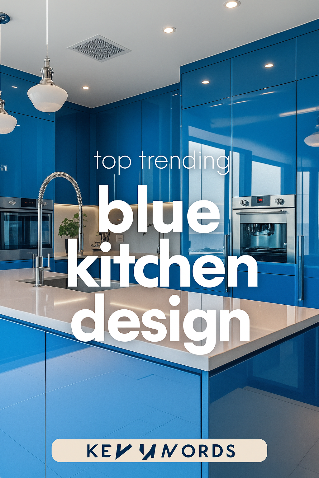 Sleek Modern Blue Kitchen with Glossy Cabinets, Minimalist Island ...